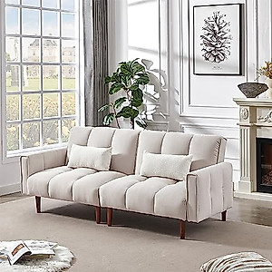 Antetek 81-inch Futon Sofa Bed, Modern Tufted Linen Fabric Convertible Sleeper Sofa Couch, Oversized Loveseat Sofa with 3 Adjustable Positions and 8 Wooden Legs for Living Room Office, Beige