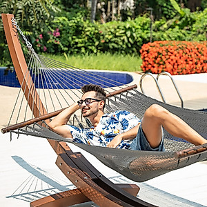 Lazy Daze Hammocks 10.5 FT Double 2 Person Caribbean Rope Hammock, Hand Woven Polyester Hammock with Spreader Bars, Extra Large Outside Outdoor Backyard Patio Poolside Hammock, 450 LBS Capacity, Gray