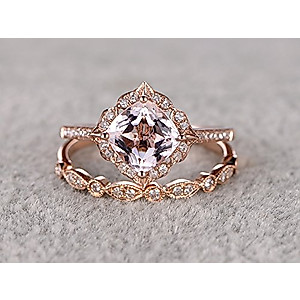 2pcs Morganite Bridal Ring Set,Engagement Ring Rose Gold,Diamond Wedding Band,14k,7mm Cushion Cut,Promise Ring,Retro Vintage Floral,Art Deco