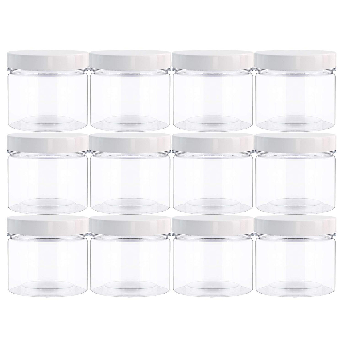 HoleviFO 14oz (420 ml 12 Pack) Empty Clear Wide Mouth Plastic Jars with Lids and Labels -PET Containers Great for Cream,Cosmetics,Slime Storage Jars - BPA Free (White Lids)