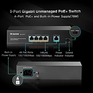 MokerLink 5 Port Gigabit POE Switch, with 4 POE+ Ports 1000Mbps, 78W IEEE802.3af/at, Unmanaged Plug and Play, Sturdy Metal Fanless