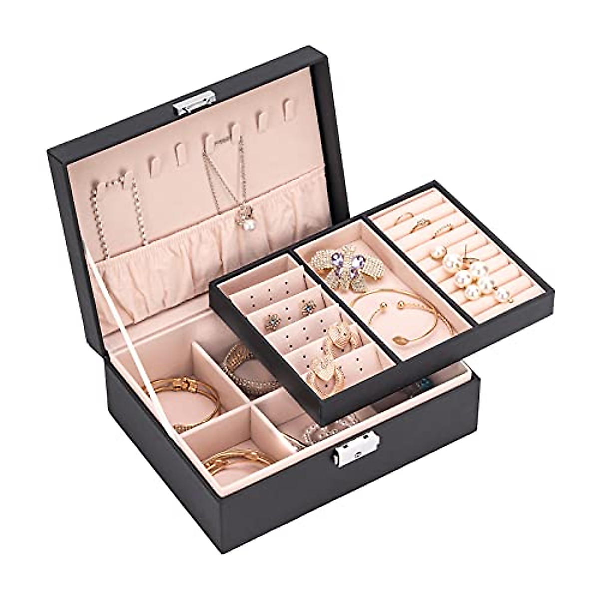 Smileshe Jewelry Box for Women Girls, PU Leather Organizer Holder Boxes with Lock, 2 Layers Removable Display Storage Travel Case for Rings Earrings Necklaces Bracelets