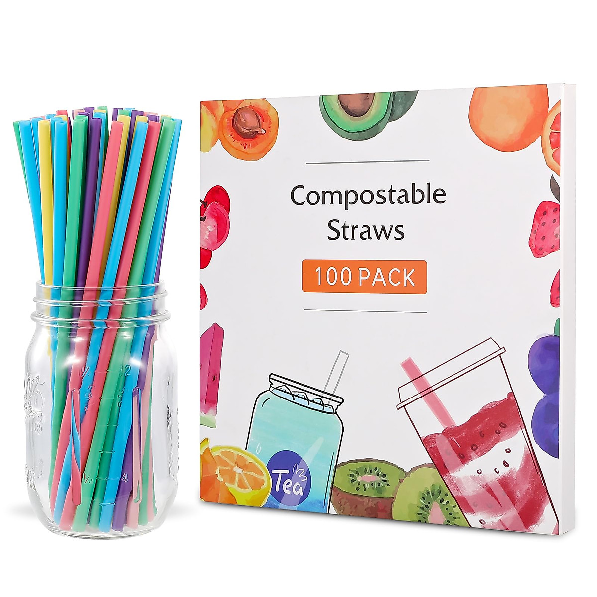 [100 Pcs] Biodegradable Compostable Disposable Colorful Straws - PLA Plant Based Drinking Straws for Juice Coffee Cocktail Cold Drinks (8.25" LongX0.23" Wide)