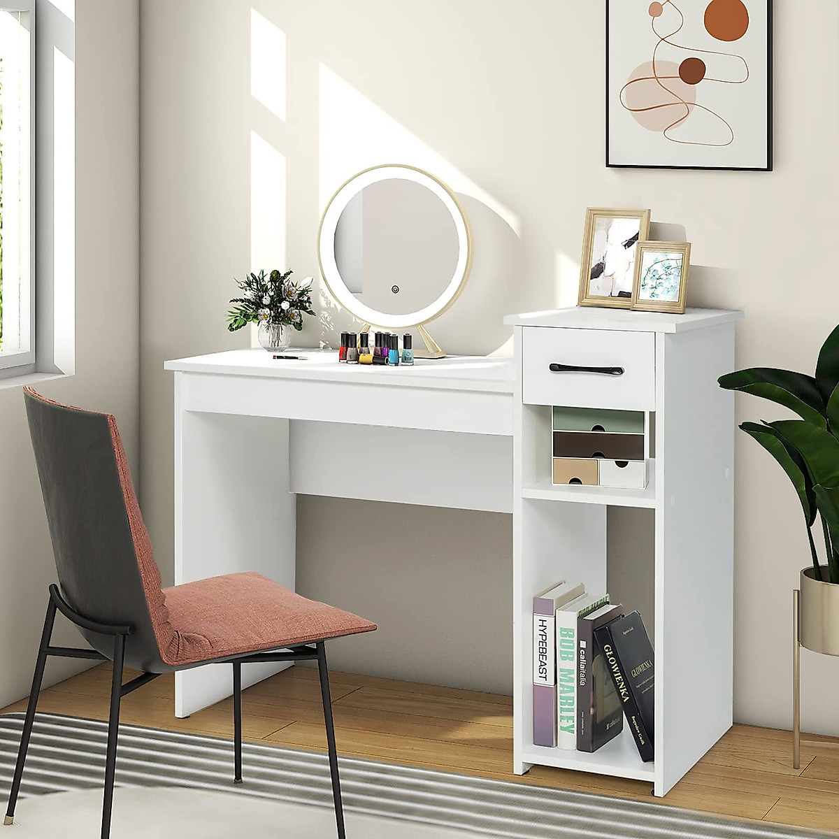Tangkula White Desk with Storage Drawer & Shelves, Compact Desk for Small Space, Modern Wooden Study Desk Writing Desk with Storage Drawer & Compartments, PC Laptop Desk Small Desk for Bedroom