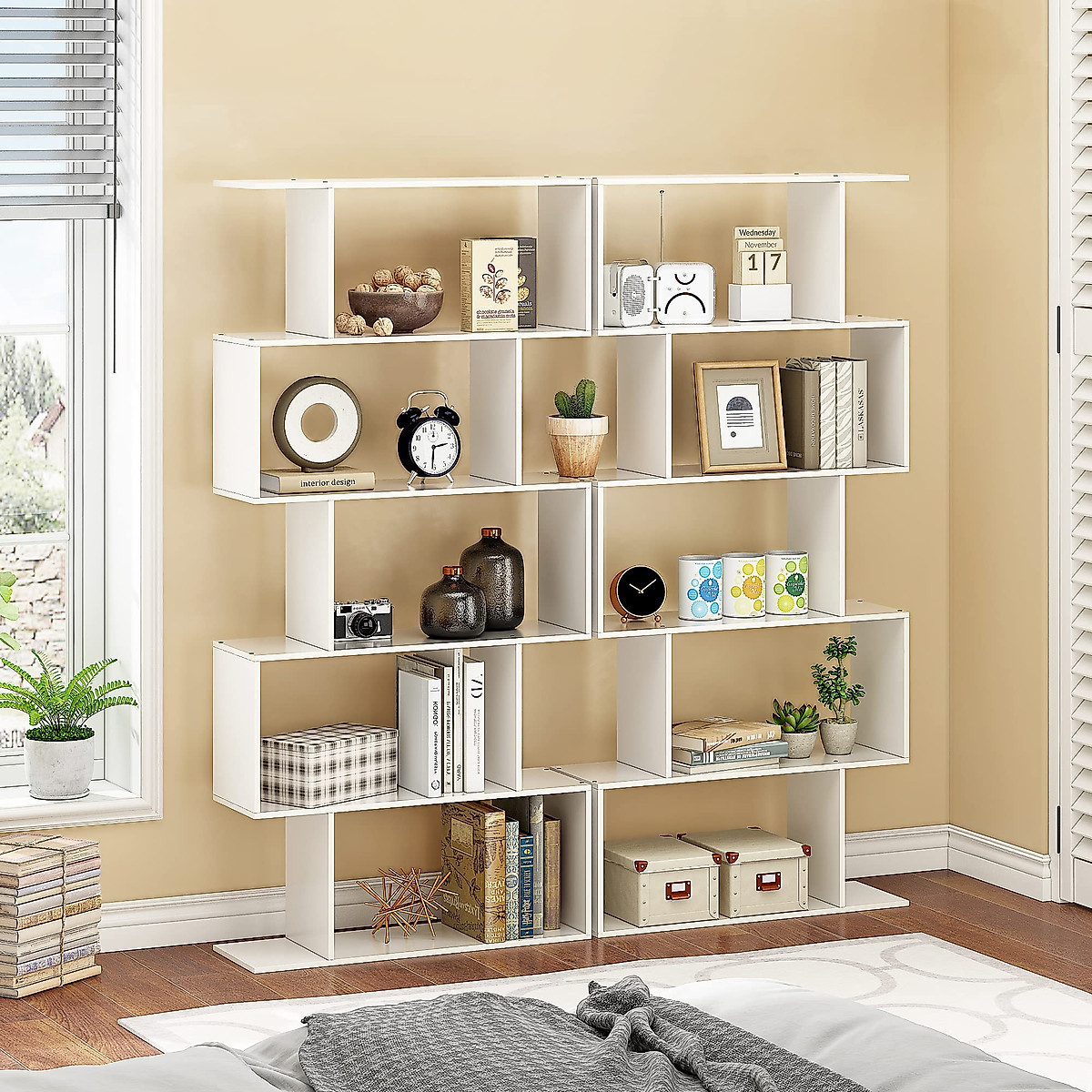 Function Home 5-Tier Geometric Bookcase, Freestanding S Shaped Bookshelf, Modern Multifunctional Display Shelves, White Book Shelf for Bedroom Living Room