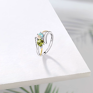 925 Sterling Silver and 10K Yellow Gold Round Cabochon White Simulated Opal Green Peridot and Lab Grown Diamond 2 Stone Crossover Ring For Women (1.07 Cttw, Available 5,6,7,8,9) (Size 9)
