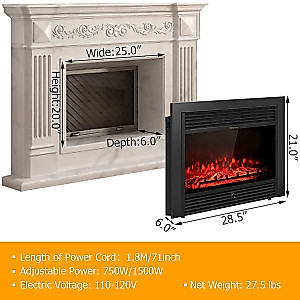 Salches 28.5" Electric Fireplace, 750W/1500W Insert Recessed Mounted Wall Fireplace w/3 Color Flames, 8 H Timer & 5 Brightness Settings, Fireplace Heater with Remote Control for Indoor Use
