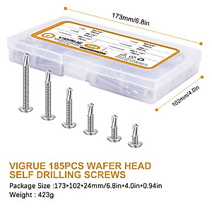 VIGRUE 185Pcs #8 Truss Head Self Tapping Screws, 410 Stainless Steel Low Profile Self Drilling Tek Screw Assortment Kit, Length 1/2'' to 1-1/2''