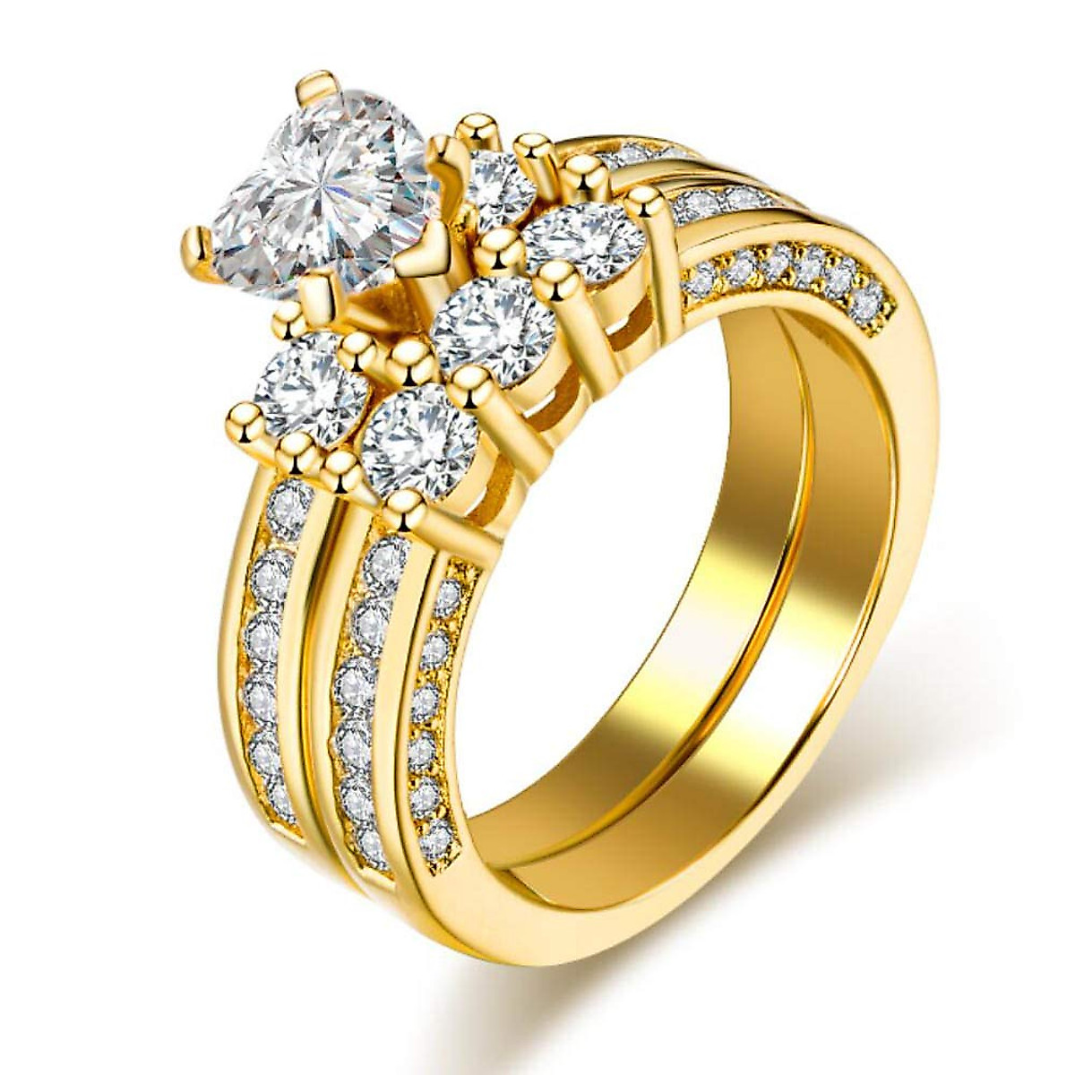 2 Rings His and Hers Couple Rings Bridal Sets Yellow Gold Filled Heart Cz Womens Wedding Ring Sets Man Wedding Bands
