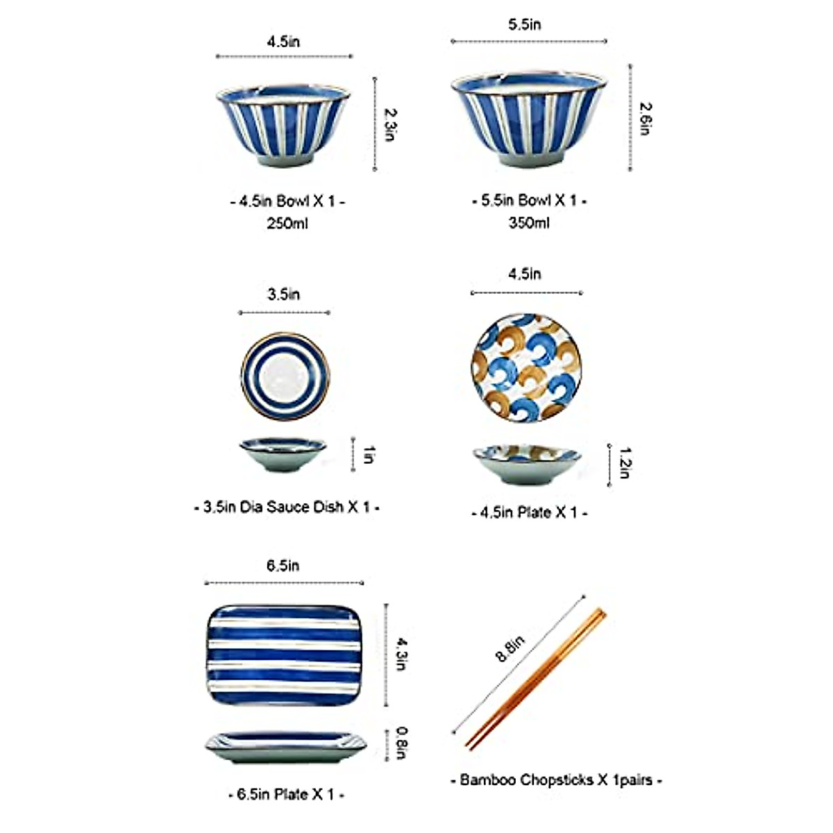 Caalio Japanese Cuisin Dinnerware 6pc Set for 1, Asian Food Sushi Plates Miso Soup Bowl and Chopsticks with Gift Box, OCEAN