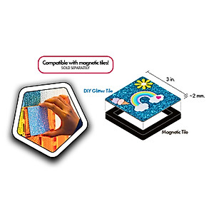 Genius Gems Glitter Tiles DIY Design Kit - Includes 2 Adhesive Squares, 1 Packet of Mixed Charms, Glitters, and Brush - Sticks to Magnetic Tiles!