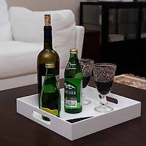 MUKEEN Glossy White Acrylic Serving Tray with Handles, 12x12x2H Inches - Spill Proof, Decorative Trays for Countertop, Ottoman Coffee Table, Nightstand, Breakfast, Tea, Food