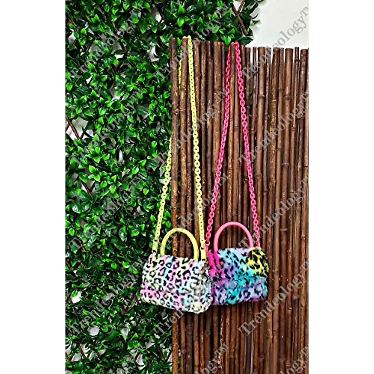 Cute Retro Plastic Chain Vegan Leather Fur Mini Satchel Bag Crossbody Clutch (2Faux Fur Leopard Multicolor/Neon Pink Chain)