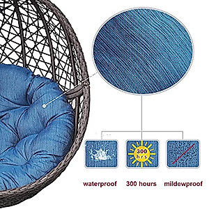 X-Large Luxury Outdoor Hanging Egg Chair with Stand, Heavy Duty Wicker Porch Swing Sets for Outdoor Patio Balcony Garden Decoration, All-Weather Egg-Shaped Hammock Swing Chair with Navy Blue Cushion