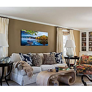 Arjun Lake Canvas Wall Art Blue Mountain Sky Nature Landscape Boat Picture Artwork Modern Spring Painting Framed Large for Living Room Bedroom Bathroom Dinning Room Home Office Wall Decor, 40"x20"