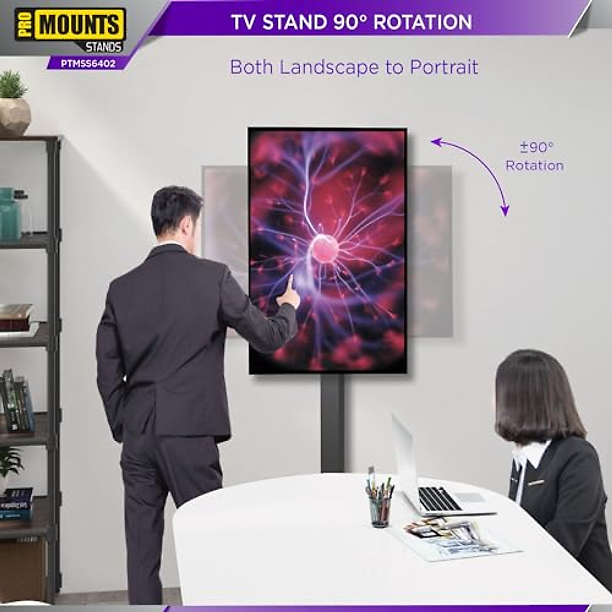 Portrait to Landscape TV Stand for 32" to 75" TVs, Height Adjustable 360° Rotating Monitor Stand with Glass Base, Floor TV Stand Mount with ±30° Swivel Range, Max VESA 600x400 Menu Wall Board