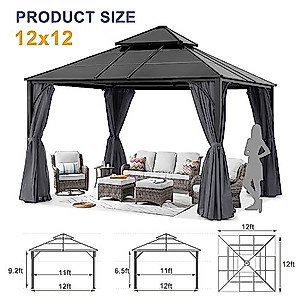 ABCPATIO 12x12 Hardtop Gazebo - Outdoor Polycarbonate Double Roof Gazebo Canopy, Metal Frame Permanent Pavilion with Curtains and Netting for Patio, Garden, Patio, Lawns (Dark Gray)