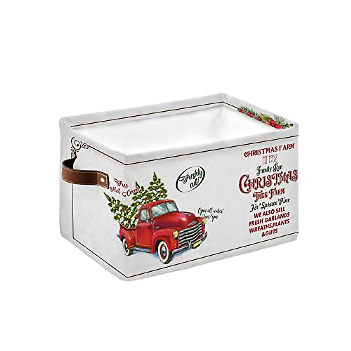 Christmas Cube Storage Organizer Bins with Handles,1PC 15x11x9.5 Inch Collapsible Canvas Cloth Fabric Storage Basket,Xmas Red Truck Winter Snowy Tree Poinsettia Flower Kids' Toys Bin Boxes for Shelves