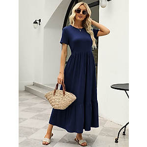 LILLUSORY Womens Short Sleeve Crew Neck Tiered Flowy Swing Midi Dresses with Pockets Navyblue
