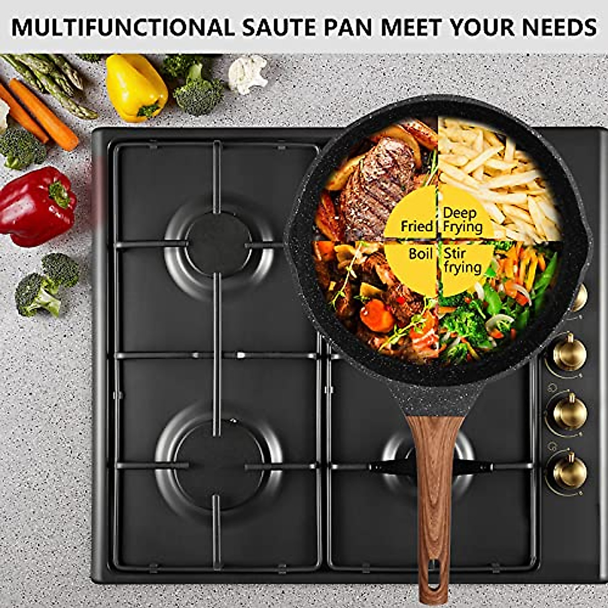 ESLITE LIFE Nonstick Deep Frying Pan with Lid, 3 Quart/9.5 Inch Granite Coating Sauté Pan Compatible with All Stovetops (Gas, Electric & Induction), PFOA Free