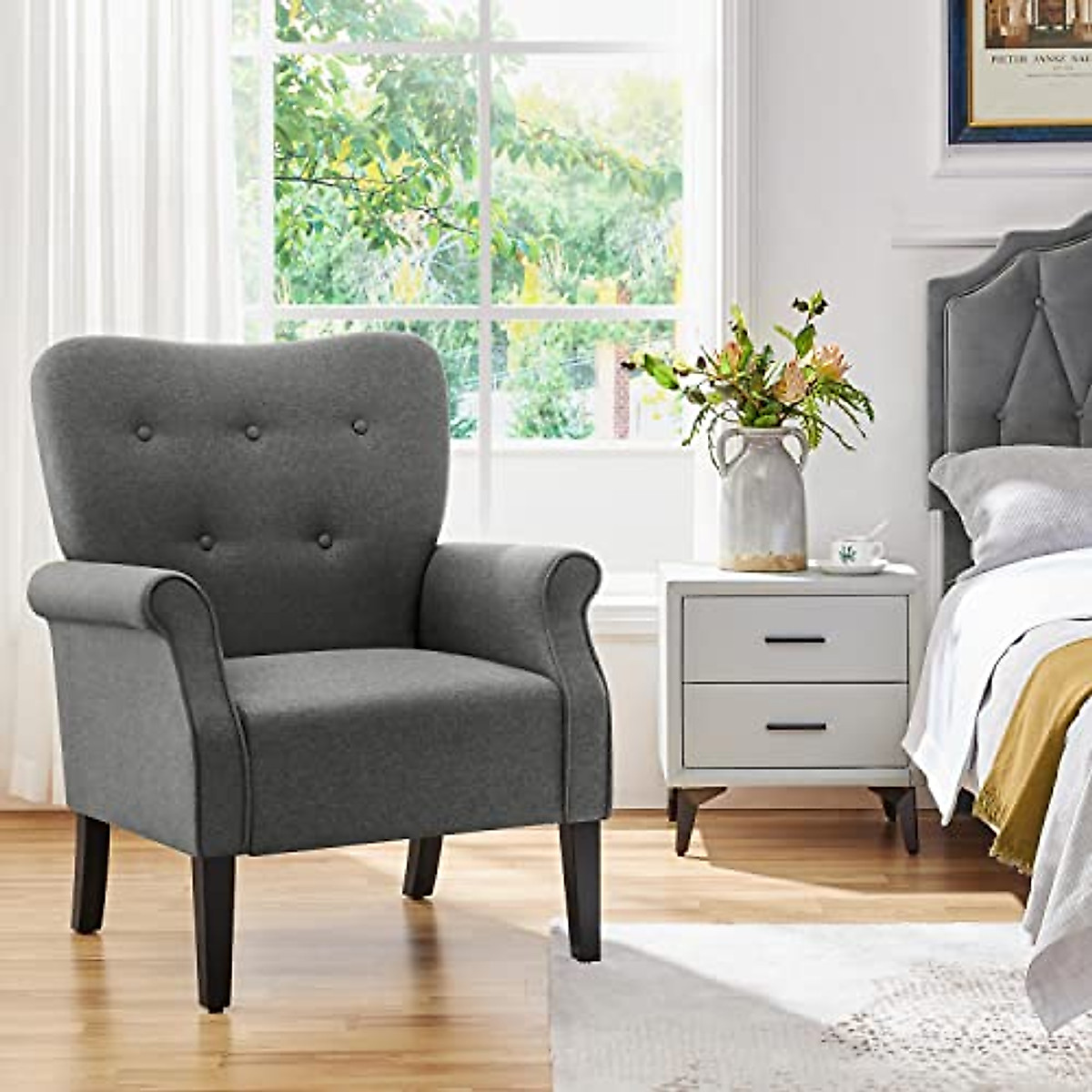 Yaheetech Modern Armchair, Mid Century Accent Chair with Sturdy Wood Legs and High Back for Small Space, Upholstered Fabric Sofa Club Chair for Living Room/Bedroom/Office, Dark Gray
