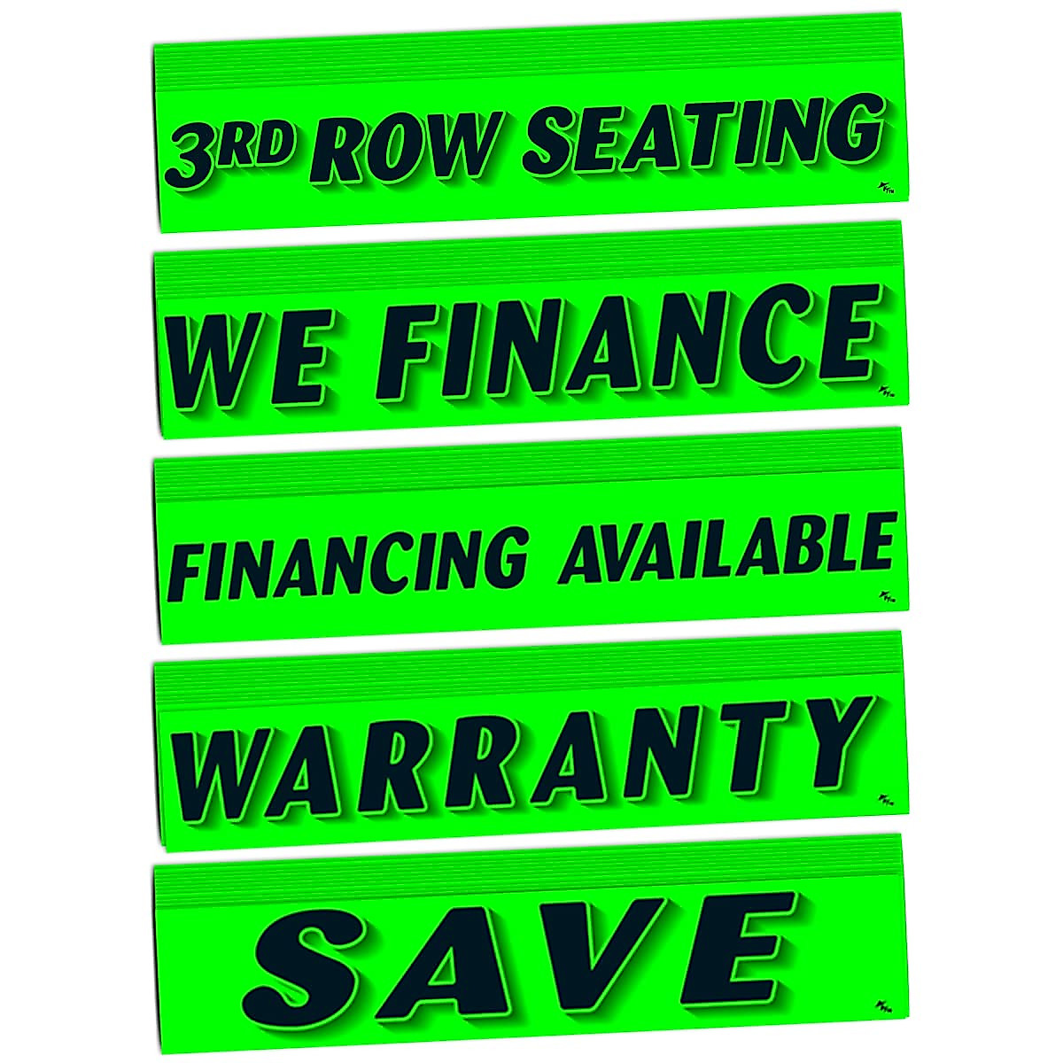 Versa Tags Windshield Slogan Stickers 12 Pack Each of 3RD Row Seating, WE Finance, FINANCING Available, Warranty, Save (60) Window Stickers Total Dealership Stickers Black On Green