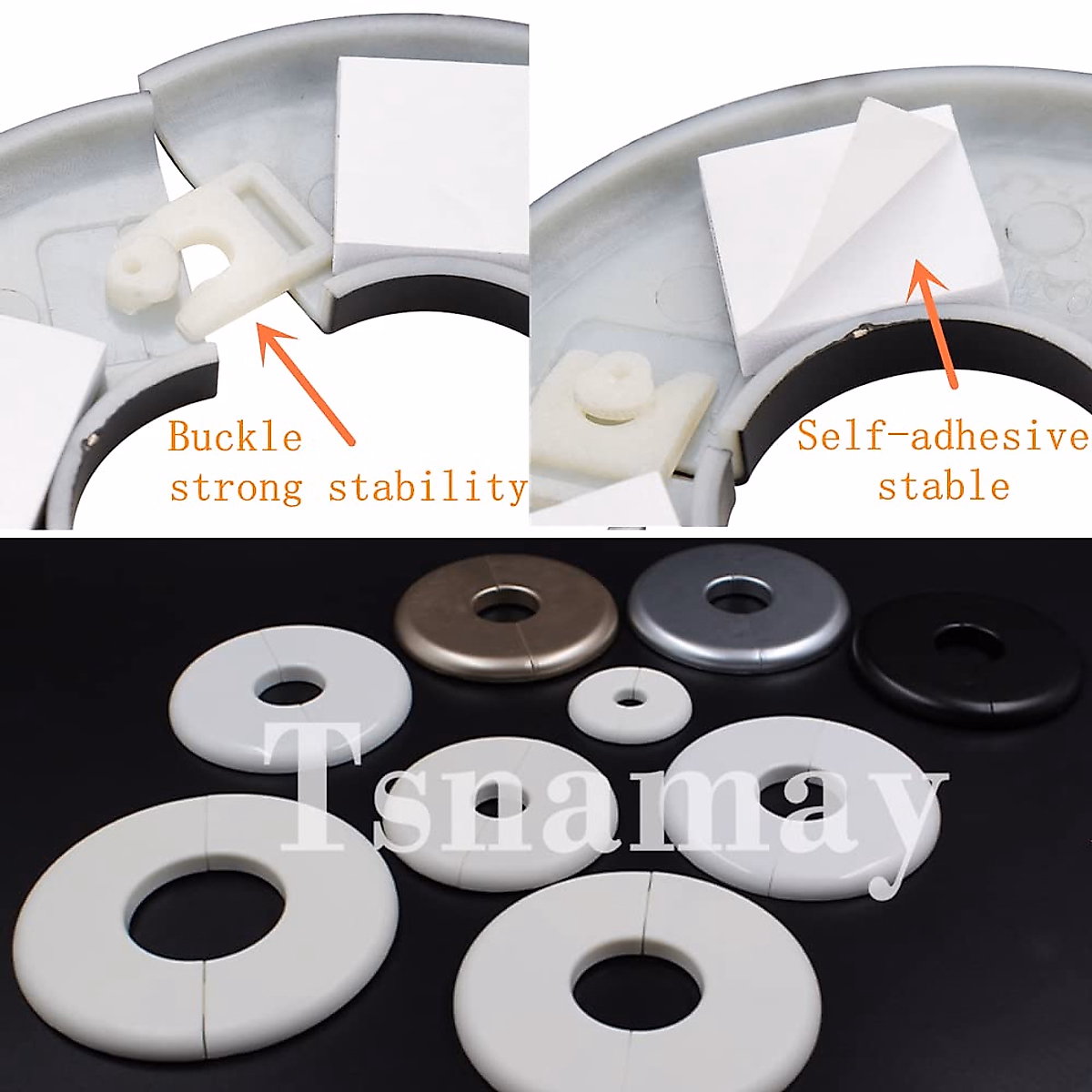 Tsnamay 4 Pcs Wall Split Flange, ABS Round Self-Adhesive Escutcheon Plate Buckles Design for 1"/26mm,Silver