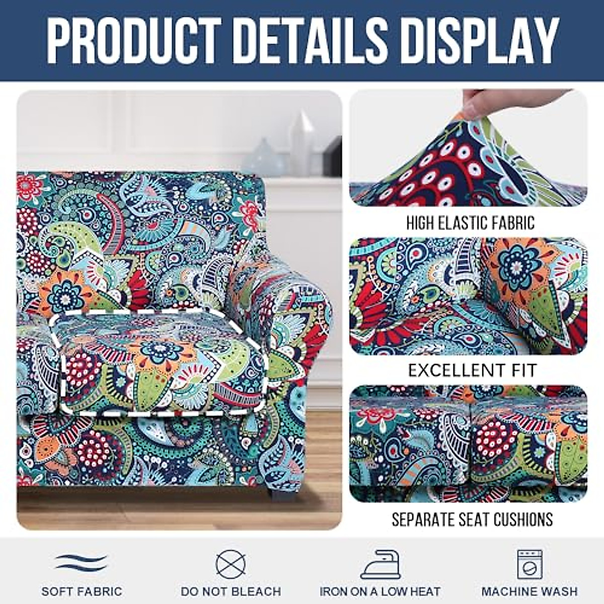 hyha Couch Cover, Floral Pattern, Stretch, Printed, 4 Pieces, Sofa Slipcovers, for 3 Separate Cushion Couch, Washable Furniture Protector for Dogs(Paisley Floral)