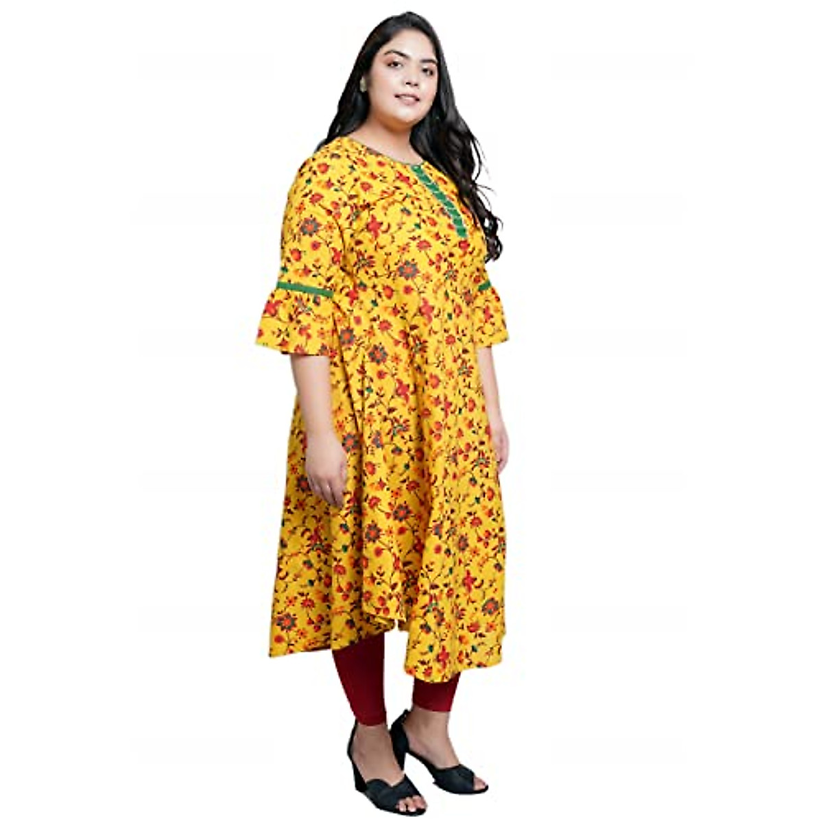 Yash Gallery Women's Plus Size Cotton Floral Print Anarkali kurta (Mustard Yellow)