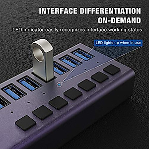 USB 3.0 Hub -7 Ports Powered USB Hub 36W USB Charging Hub with Individual On/Off Switches and 12V/3A Power Adapter and Light for PC, Laptop, Computer, Mobile HDD, Flash Drive and More（Purple）