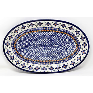 Polish Pottery Oval Serving Platter From Zaklady Ceramiczne Boleslawiec Mosaic Flower Pattern, Dimensions: 14 Inch X 9 Inch