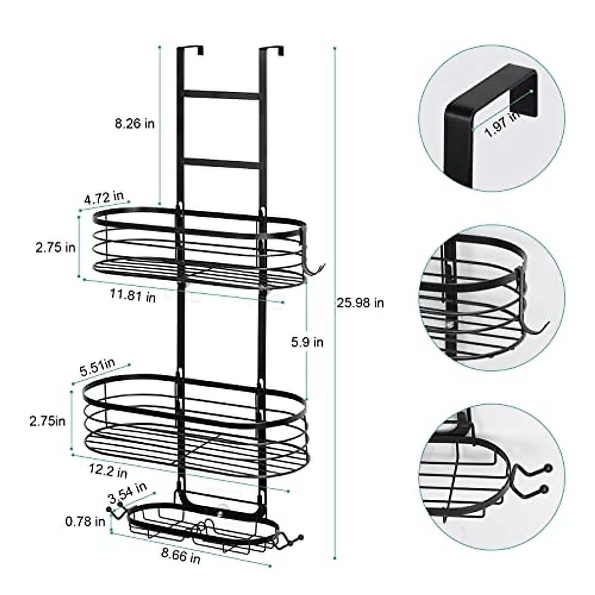 Fogein Over the Door Shower Caddy, 3 Tier Hanging Organizer Shelf Rustproof, Shower Basket with Suction Cup, Bathroom Shower Caddy Over The Door with Hook & Soap Box, No Drilling(Black)