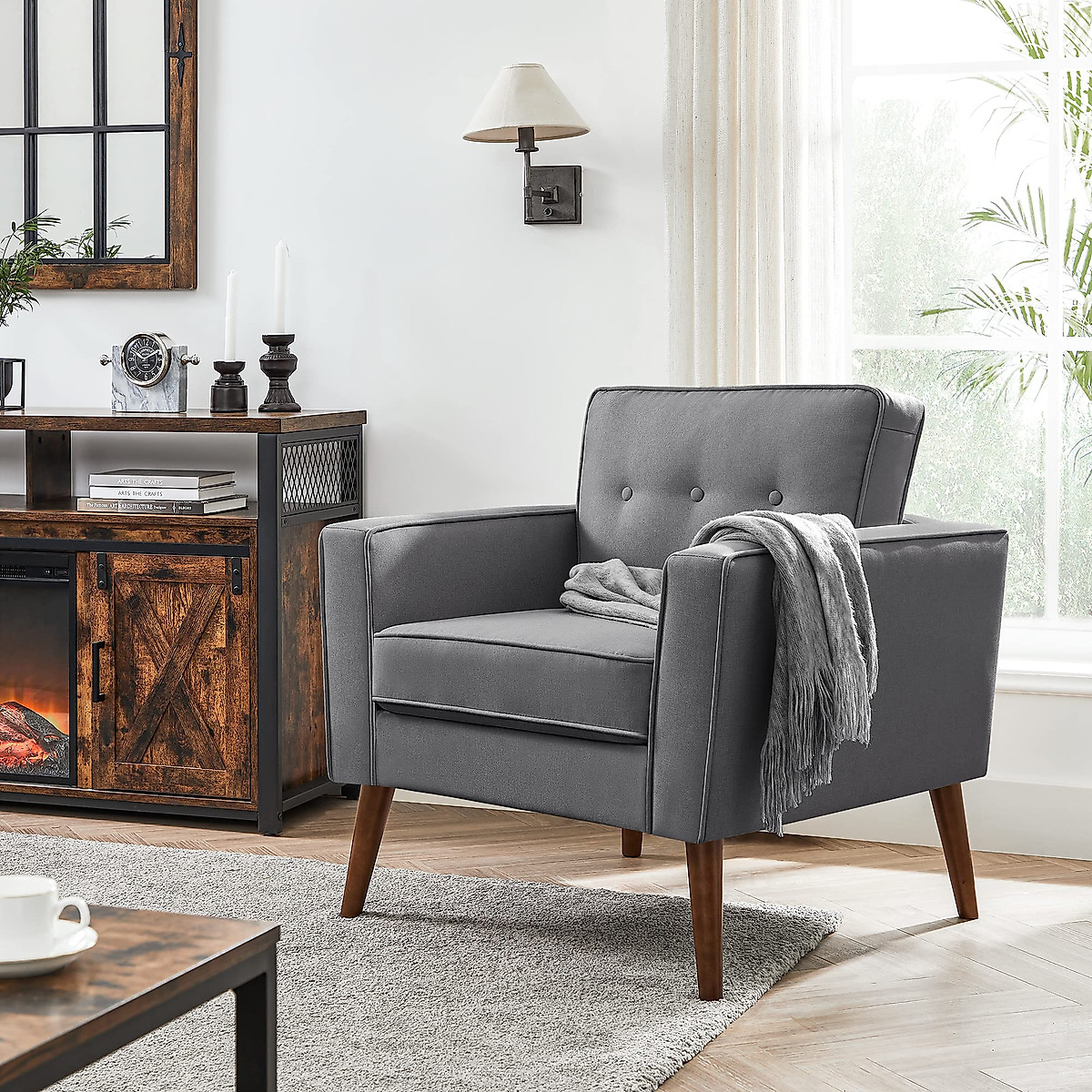 VASAGLE Accent Chair with Upholstered Cushion, Solid Wood Legs, for Living, Dining Room, Office, 31.5 x 31.5 x 30.7 Inches, Gray