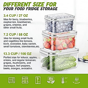 ODOMU 3 Pack Fridge Berry Storage Container with Lids with Strainer, Plastic Fresh Produce Saver Keeper for Vegetable Fruit Meat Lettuce, BPA Free Kitchen Refrigerator Organization (3.15L+1.7L+0.8L)