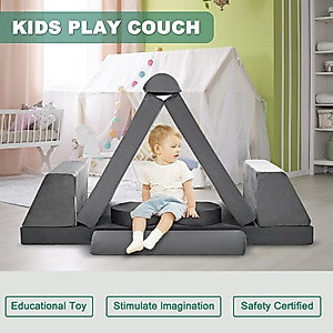 DoCred Kids Couch Play Set, 10PCS Modular Kids Sofa Couch, Kids Fort Couch Bedroom and Playroom Furniture for Toddlers, Convertible Foam Floor Cushion, Grey