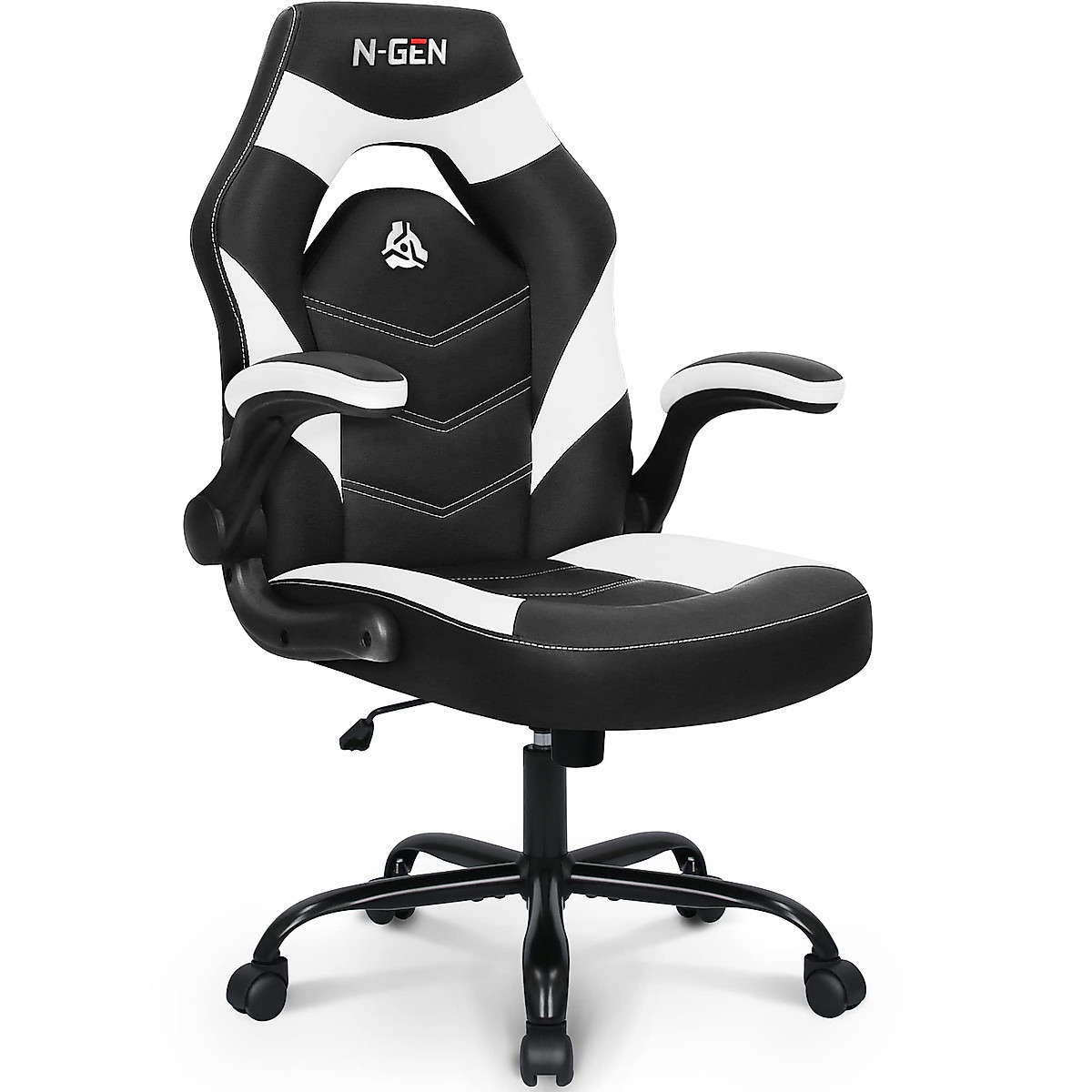 N-GEN Video Gaming Computer Chair Ergonomic Desk Office Chair for Adults with Lumbar Support Flip-Up Arms Adjustable Height Swivel Wheels PU Leather Executive Design for Home and Office (White)