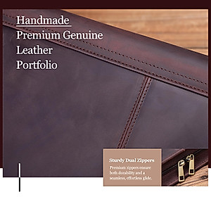 Geslun Genuine Leather Portfolio with 3 Ring Binder, Full Grain Leather Padfolio Zippered, A4 Notebook Holder Laptop Sleeve Professional Folder Organizer Gift for Men and Women, Dark Brown