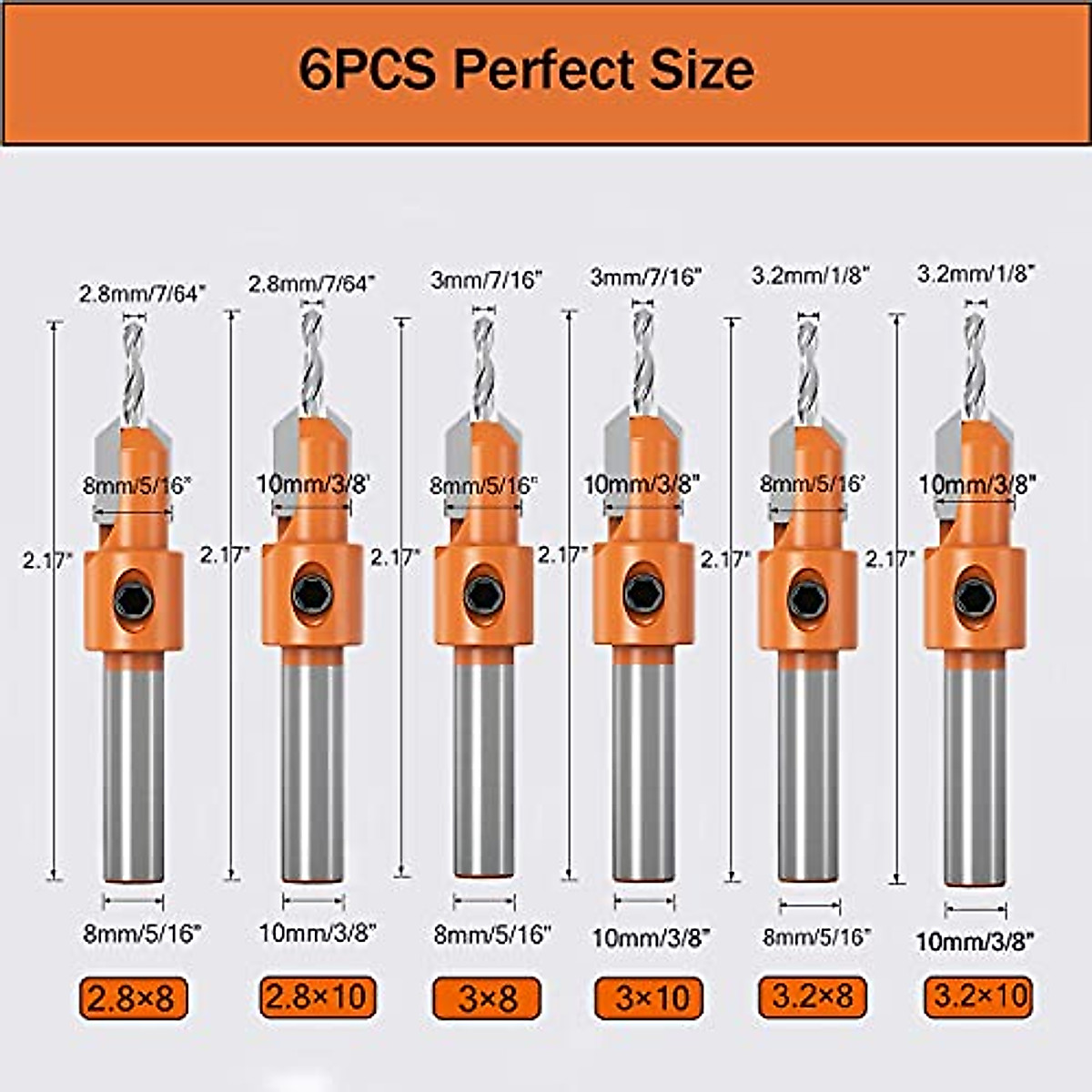 Countersink Drill Bit Set, Wood Hole Timber Working Drill Bits for Wood Screw Cutter Adjustable with Hex Key Wrench 6 Sizes 2.8×8, 2.8×10, 3×8, 3×10, 3.2×8, 3.2×10