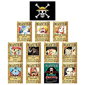 12 Pcs 16.6 In x 12 In Anime OP Wanted Bounty Posters , New Edition, Straw Hat Pirates Crew Zoro, Sanji, Luffy, 1 Pcs OP Flag