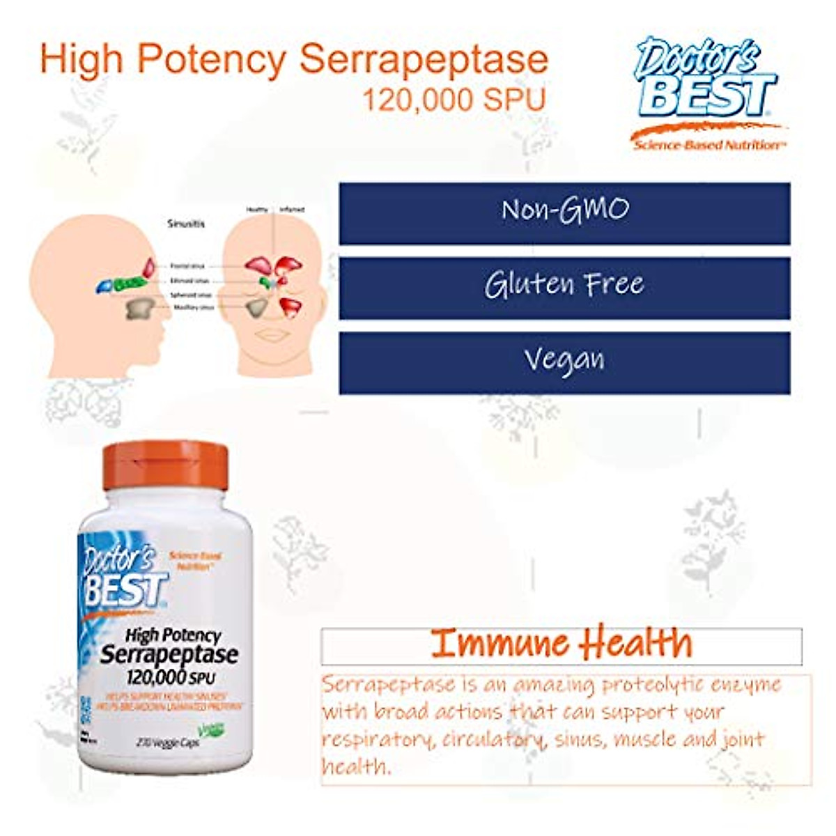 Doctor's Best High Potency Serrapeptase, Non-GMO, Gluten Free, Vegan, Supports Healthy Sinuses, 120, 000 SPU, 270 Veggie Caps