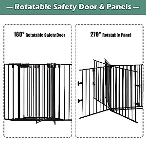Costzon Baby Safety Gate, 121 Inch Length 5 Panel Adjustable Wide Fireplace Fence, BBQ Metal Fire Screen Gate, Pet Isolation Fence with Walk-Through Door, Freestanding Pets Gate (Black, 5-Panel)