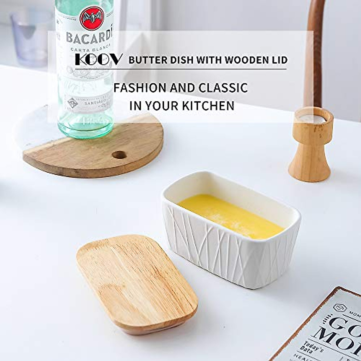 KOOV Porcelain Large Butter Dish with Lid for Countertop, Airtight Butter Container with Oak Lid, Butter Crock, Perfect for 2 Sticks of Butter, Irregular Striped Series (White)