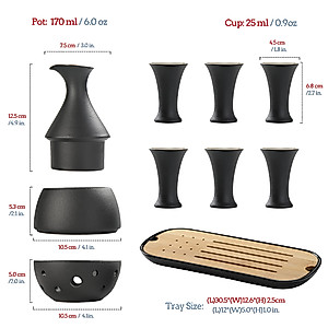 TEANAGOO Ceramic Sake Set with Warmer Pot Bamboo Tray, 10pcs/Set. T2 Regular Kraf Box Safe Packing, Sake Carafe(6 Oz) with 6 Sake Cups (0.9 Oz) for Hot or Cold Japanese Soju…