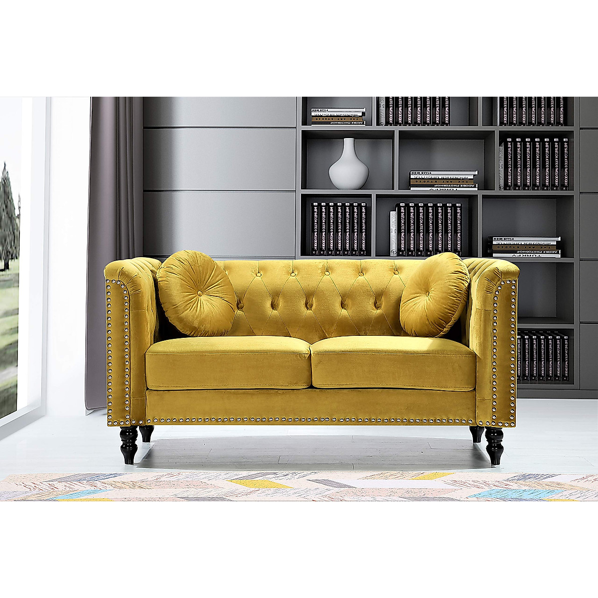 US Pride Furniture Modern Style Soft Elegant High Density Foam 64.17'' Wide Golden Yellow Velvet Rolled Arm Chesterfield Living Room Loveseat with Removable Cushion & Solid Wood Legs (S5608-5613)