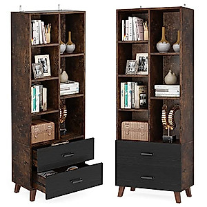 Tribesigns 5 Tier Tall Bookshelf with 2 Storage Drawers, Set of 2, 5 Shelf Mid-Century Modern Bookcase, Free Standing Vintage Narrow Book Shelves for Bedroom, Living Room, Rustic Brown