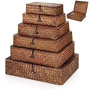 Beeveer 6 Pcs Seagrass Storage Baskets with Lid Large Wicker Decorative Storage Baskets Stackable Boxes Woven Rectangular Rattan Storage Bins Shelf Baskets Organizer for Closet Bedroom, Coffee