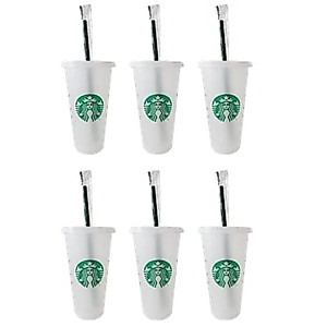 Starbucks 6 Pack Bundle - Reusable Frosted 24 oz Cold Cups with Lid and Green Straw w/ Stopper