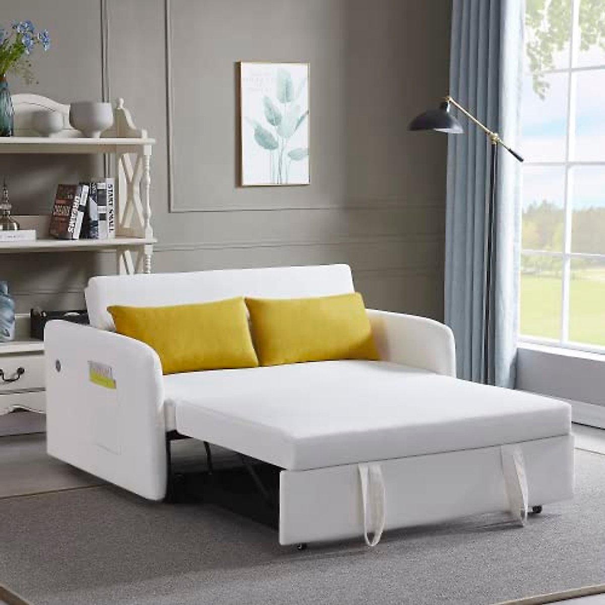 LUMISOL 3-in-1 Muti-Functional Sleeper Sofa with Pull Out Bed, Convertible Sofa Bed w/Adjustable Backrest and Pillows, Modern Upholstered Loveseat Sofa with w/ 2 Big Side Pockets and USB Socket