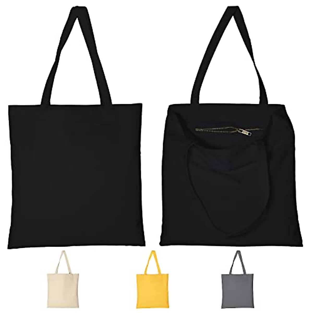 2 Pcs Cotton Canvas Tote Bag Inner Zipper Pocket 12oz 16"x17" Heavy Duty Blank Black Reusable Grocery Shopping Bag Large Plain Cloth Bag for Promotion, Advertising, DIY, Gift