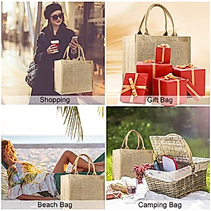 HEVMEVENI 8 Large Burlap Tote Bags Bulk, Reusable Jute Tote Bag with 10Yd Ribbon Blank Burlap Gift Bag with Handle Waterproof Beach Tote Bag for Shopping Bridesmaid Gift Bag 12.2''x10.6''x6.3''